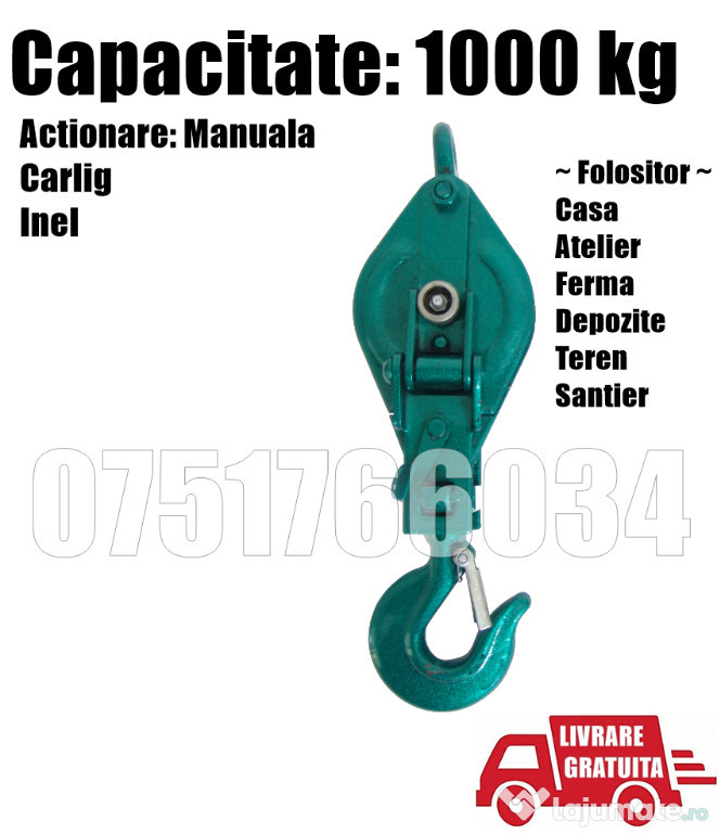 Scripete Metalic Manual Funie Cablu Carlig Inel 1000 KG 1 To